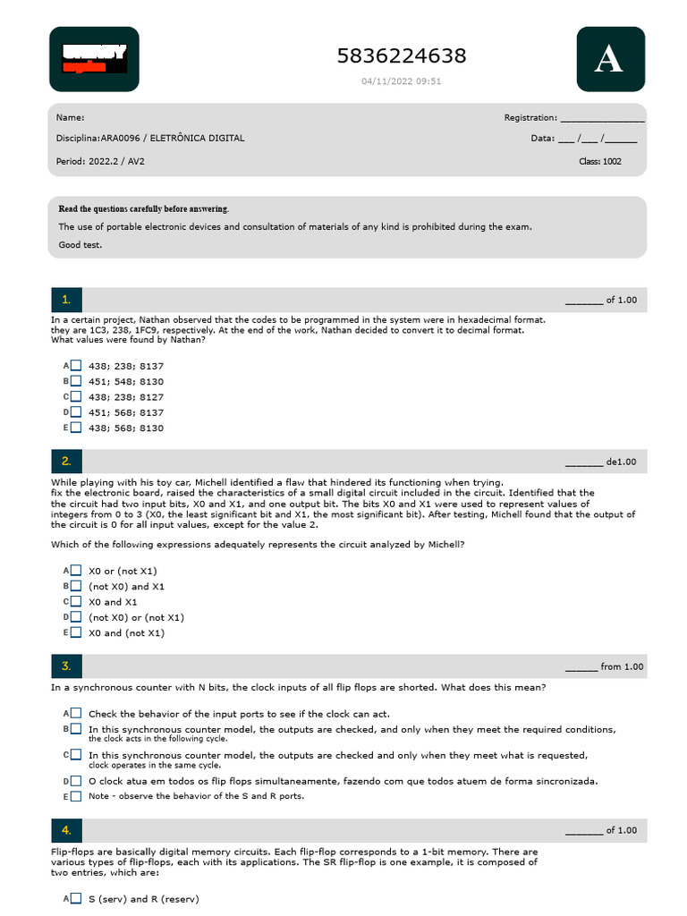 Digital Electronics Exam Questions | PDF | Digital Electronics ...