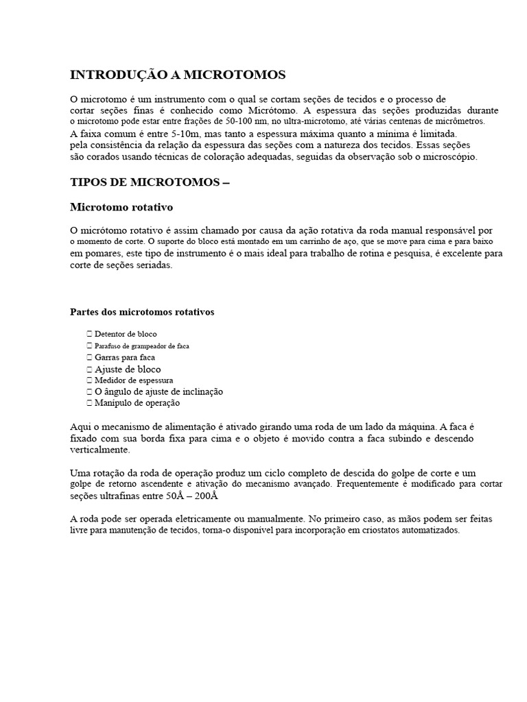 MICROTOMOS E TIPOS DE MICROTOMO | PDF | Tecido (Biologia) | Faca