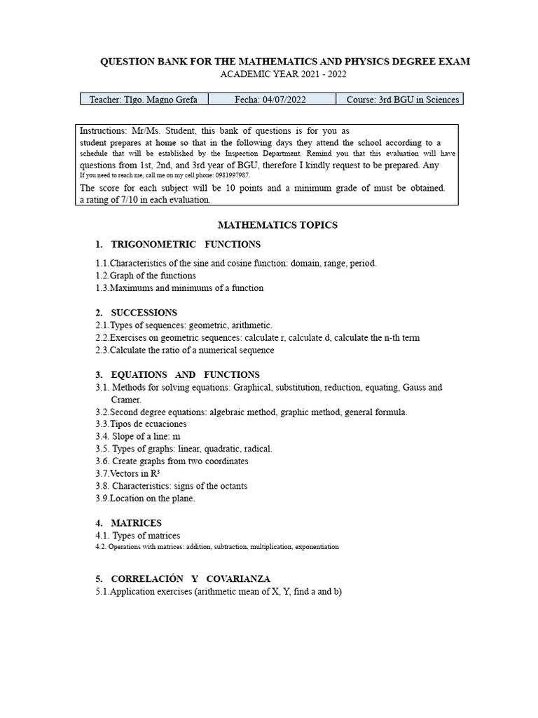 Question Bank for the Mathematics and Physics Degree Exam | PDF ...
