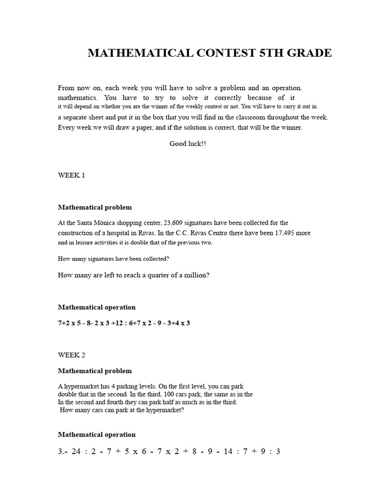 Mathematical Contest - 5TH Grade | PDF | Parking