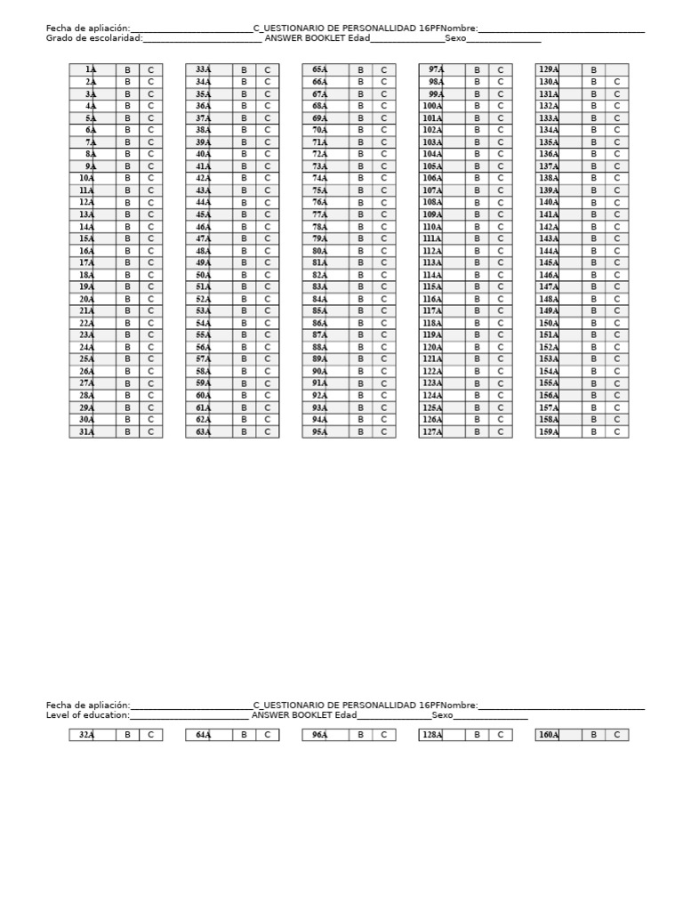 16pf Answer Sheet | PDF