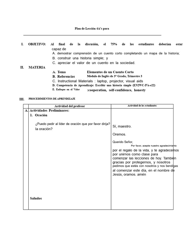 Comis Cindy Lee 4a Plan de Lección Elementos de Un Relato Corto | PDF ...
