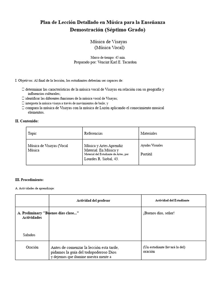 Plan de Lección Detallado en Música para Demostración de Enseñanza ...