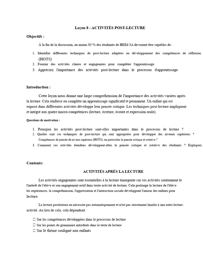 Activités Post-Lecture pour Engager les Étudiants | PDF | Apprentissage