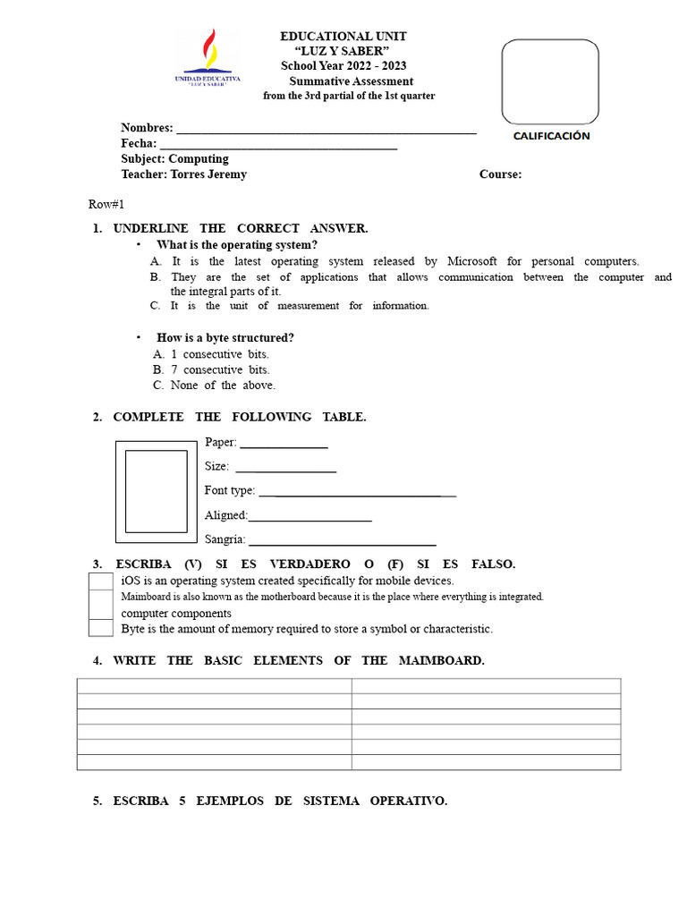 2nd Year of High School Computer Science Exam | PDF | Byte | Bit