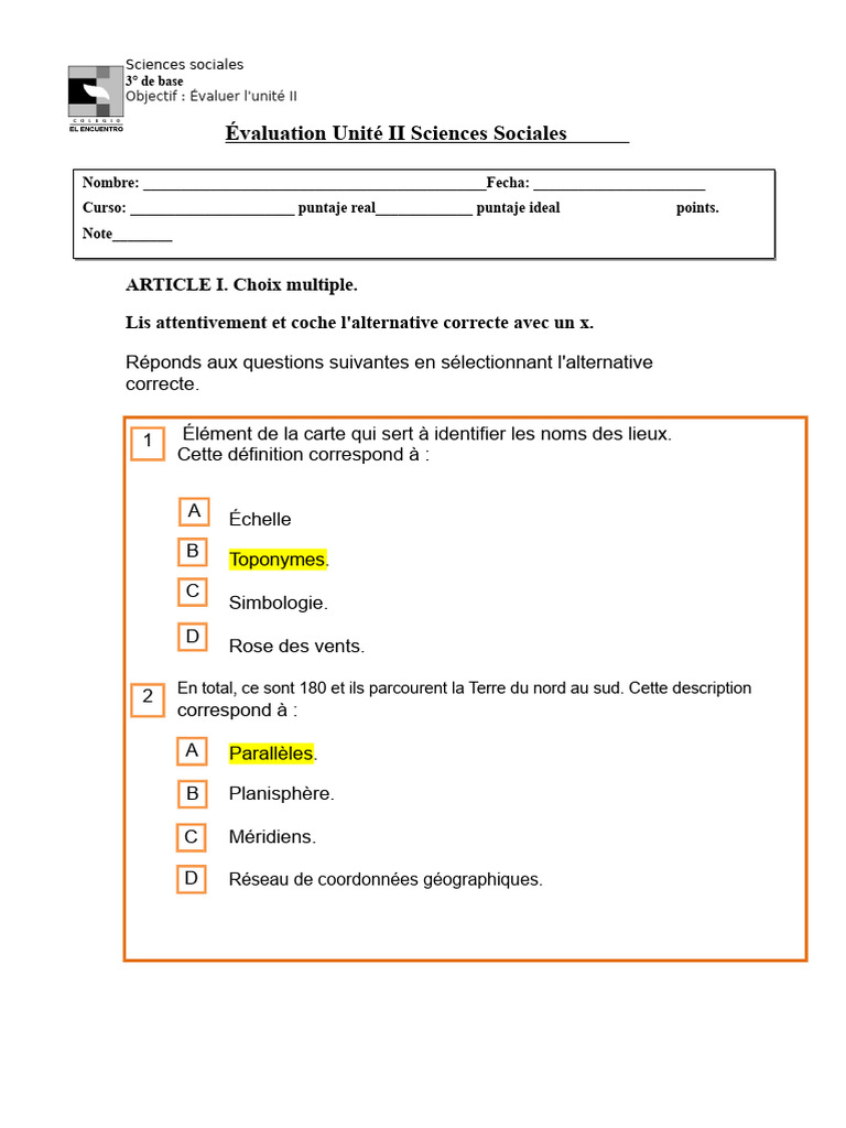 Évaluation Unité II en Sciences Sociales | PDF | Équateur terrestre ...