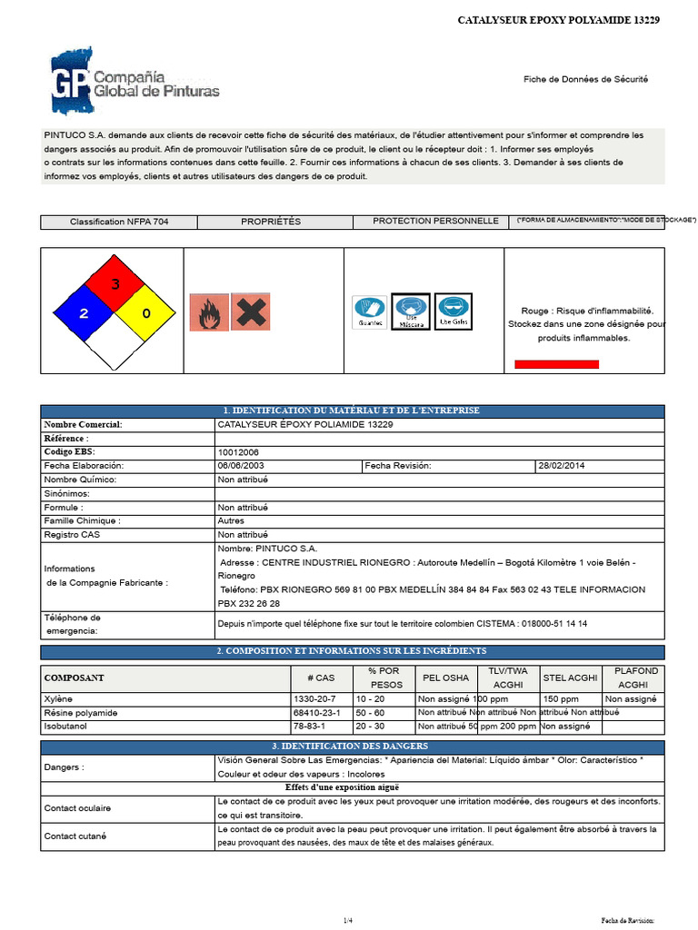 Fiche de sécurité : Catalyseur époxy 13229 | PDF | La combustion | Eau