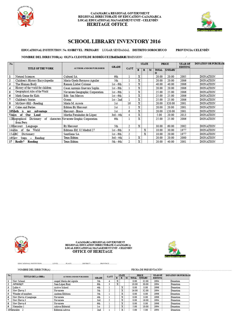 Format For School Library Inventory 2016 | PDF