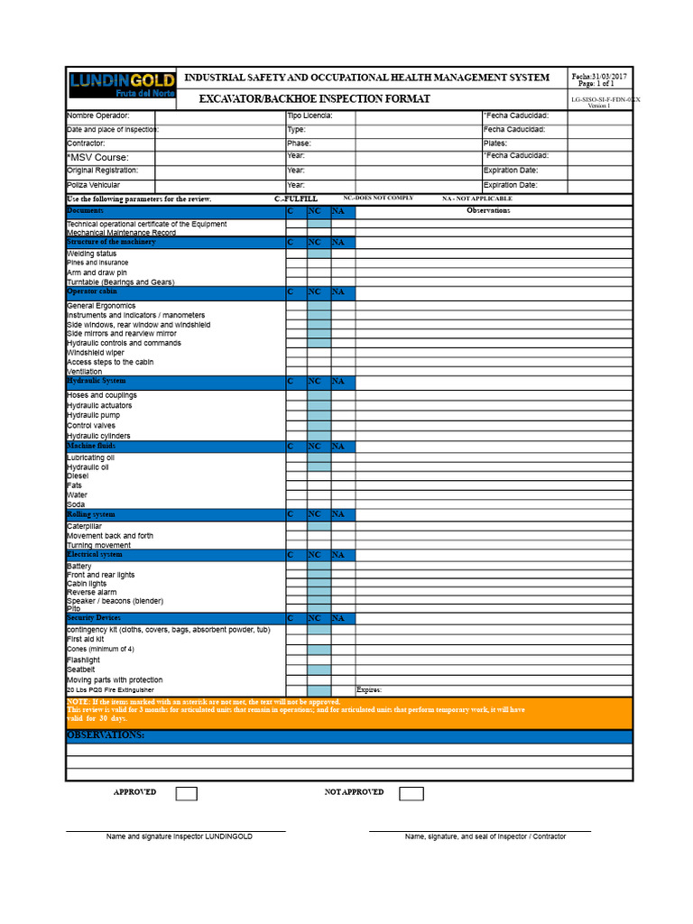 Excavator Inspection Checklist Template | PDF | Equipment | Mechanical ...