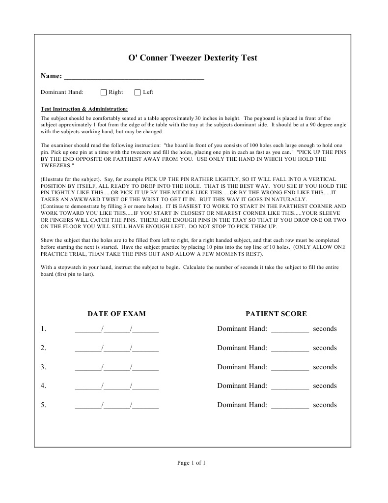 O'Connor Tweezer Dexterity Test Guide | PDF | Teaching Methods ...