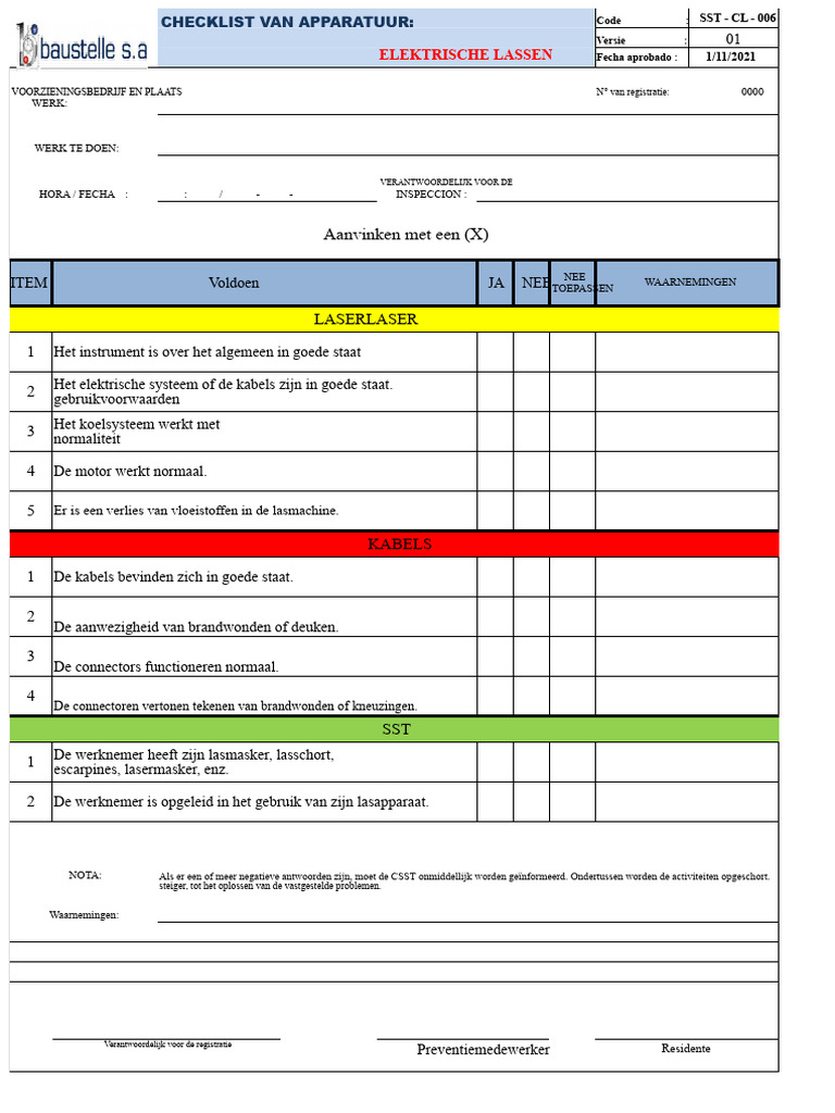 SST-CL-006 Checklist Voor Lasapparaten 2021 | PDF