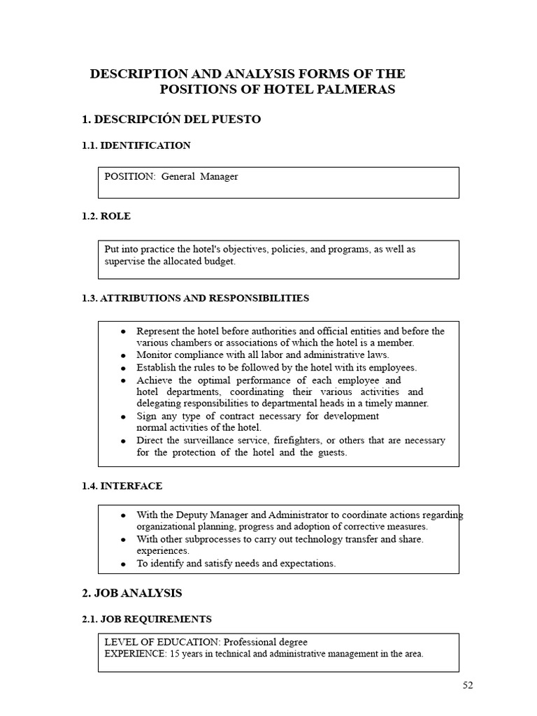 Hotel Palmeras Job Descriptions & Analysis | PDF | Occupational Safety ...