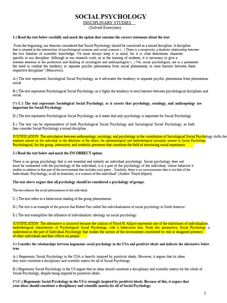 Exercises EDs Answered Social Psychology | PDF | Attitude (Psychology ...