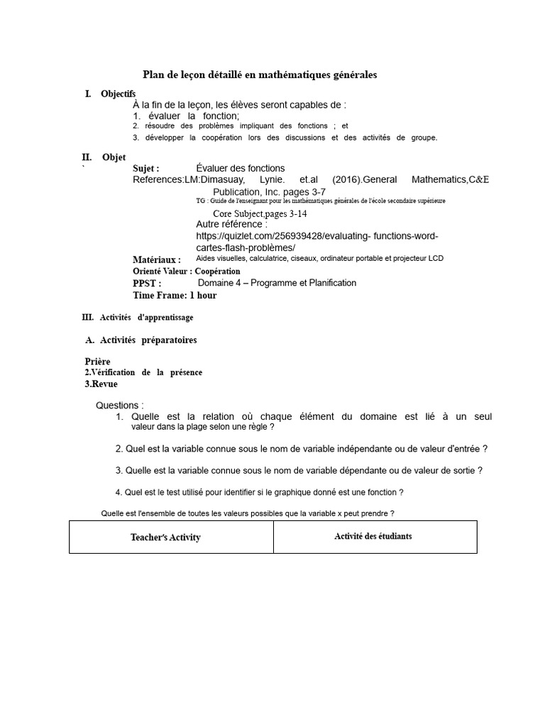 Plan de leçon : Évaluation des fonctions | PDF