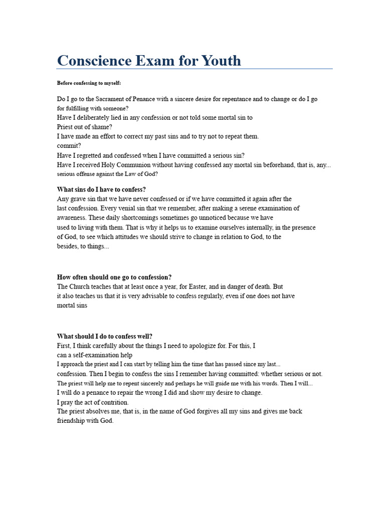 Examination of Conscience for Young People | PDF | Confession (Religion ...