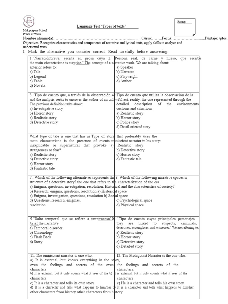 Test Types of Texts 6° | PDF | Narrative | Genre
