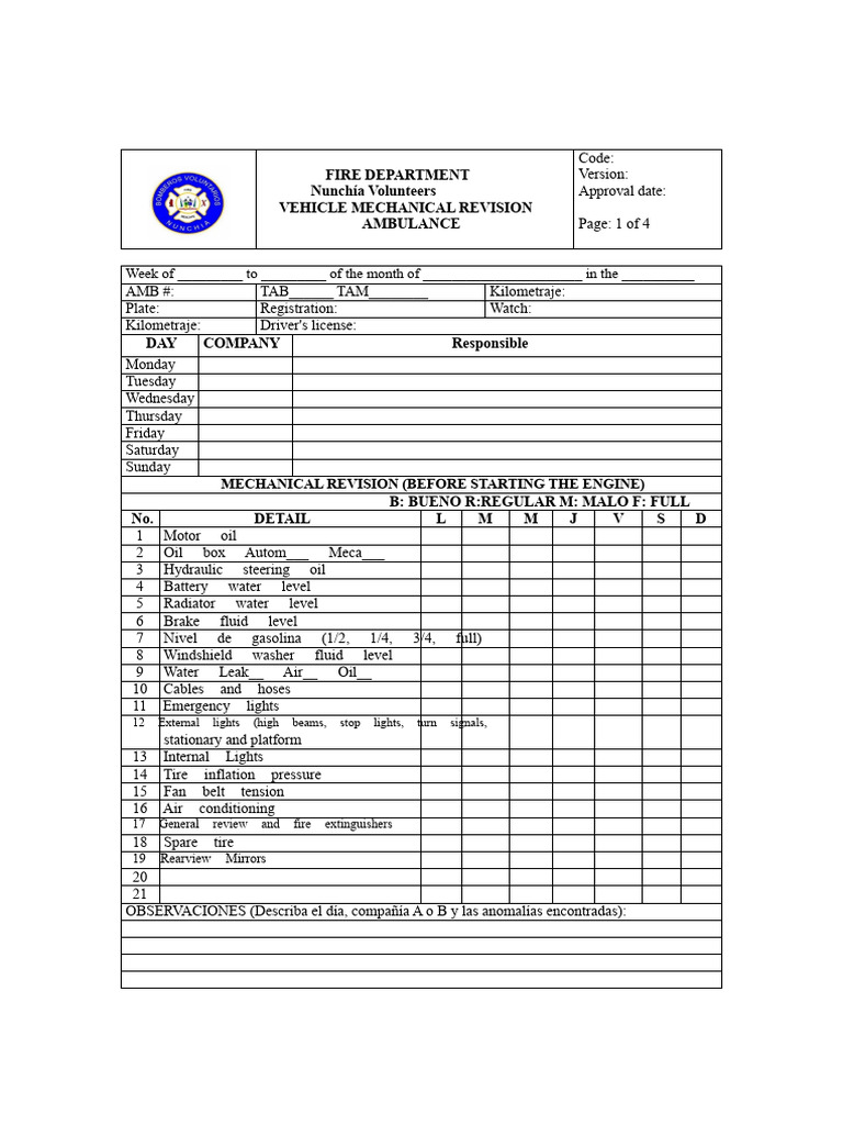Ambulance Mechanical Revision Checklist | PDF | Vehicles | Manufactured ...