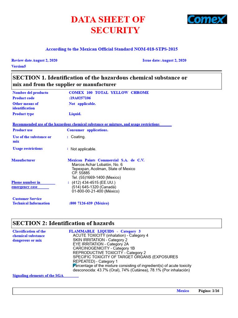 Comex 100 Total Yellow Chrome | PDF | Toxicity | Chemical Reactions