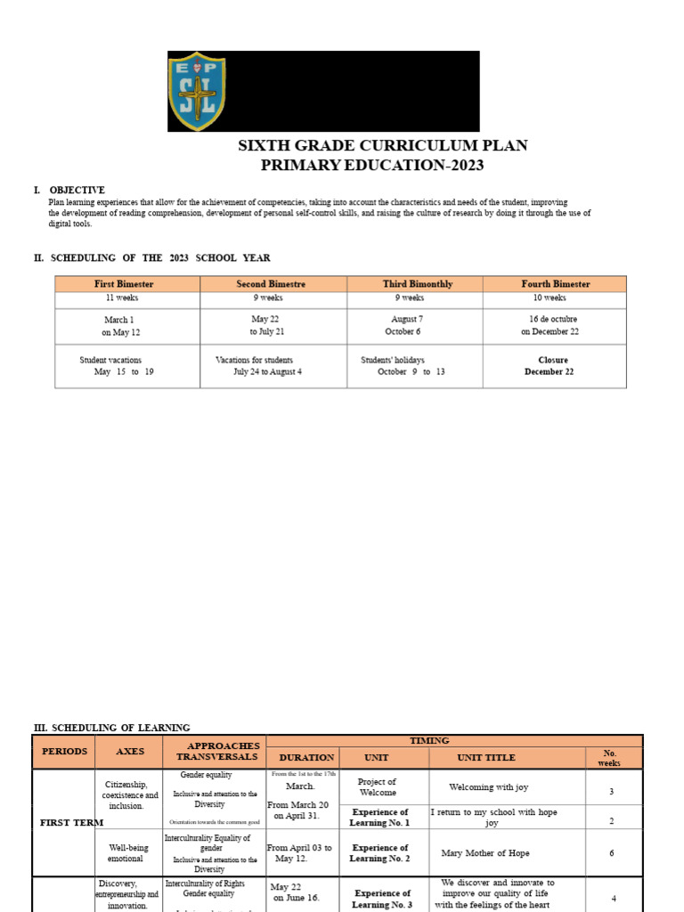 Curricular Plan For Sixth Grade of Primary Education 2023 | PDF ...