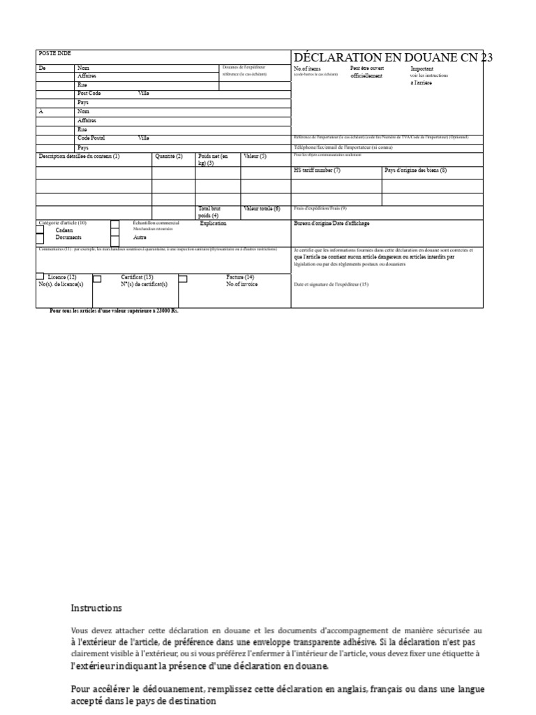 Déclaration en Douane CN 23 Postale | PDF