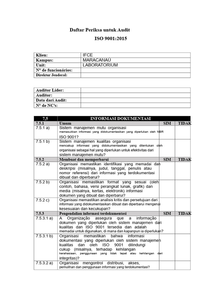 Audit ISO 9001:2015 - Daftar Periksa Dokumentasi | PDF