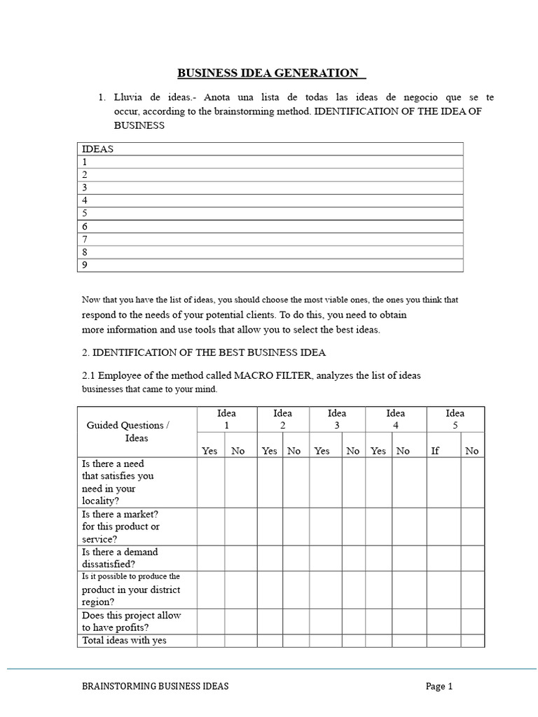 Business Idea Brainstorming Format | PDF | Internal Rate Of Return ...