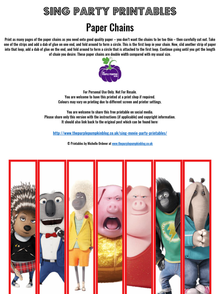 Free Printable Sing Movie Paper Chains | PDF