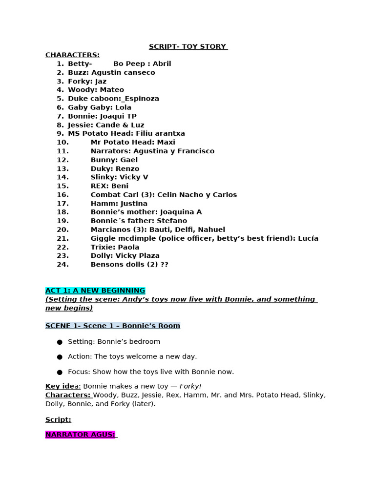 Toy Story Script: Characters & Scenes | PDF | Toys