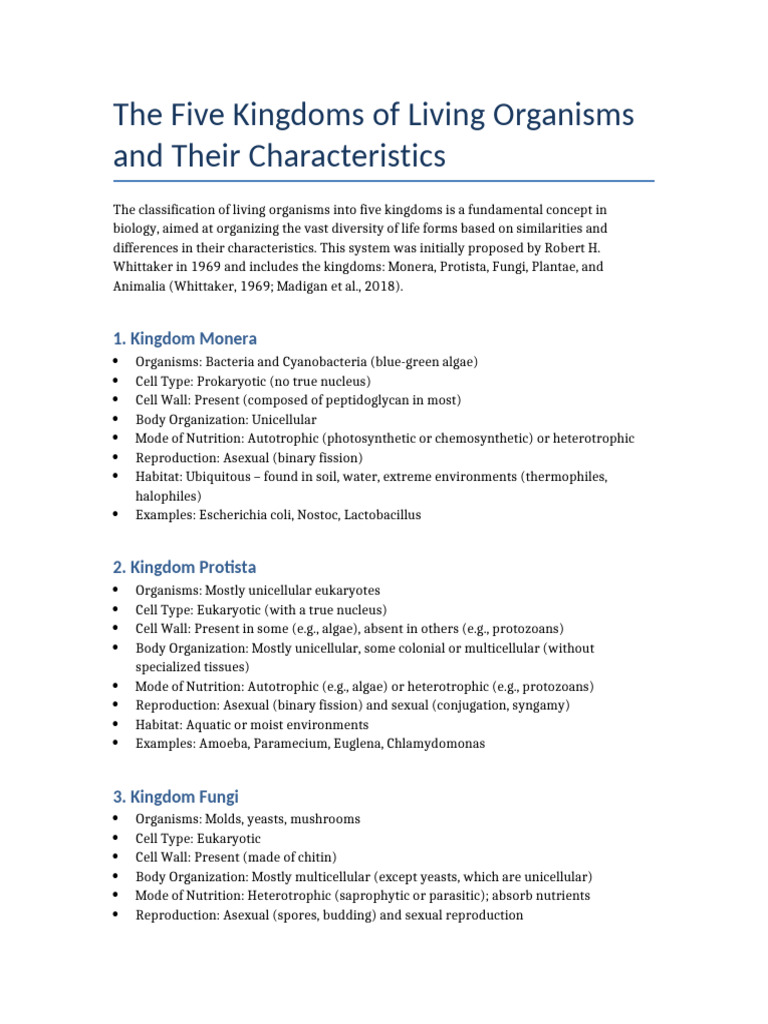 Five Kingdoms of Living Organisms | PDF | Cell (Biology) | Protozoa