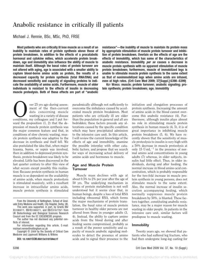 Anabolic Resistance in Critically Ill Patients | PDF | Proteins ...