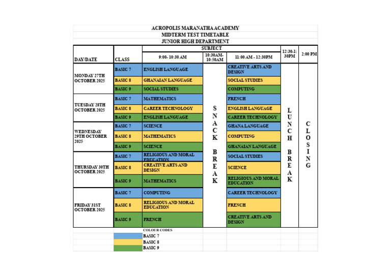 Midterm Timetable - Jhs | PDF