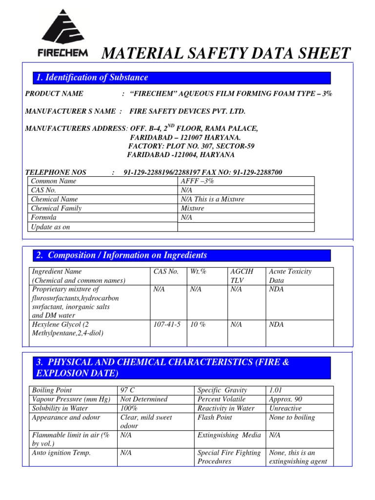 FireChem AFFF 3% Safety Data Sheet | PDF | Occupational Safety And Health