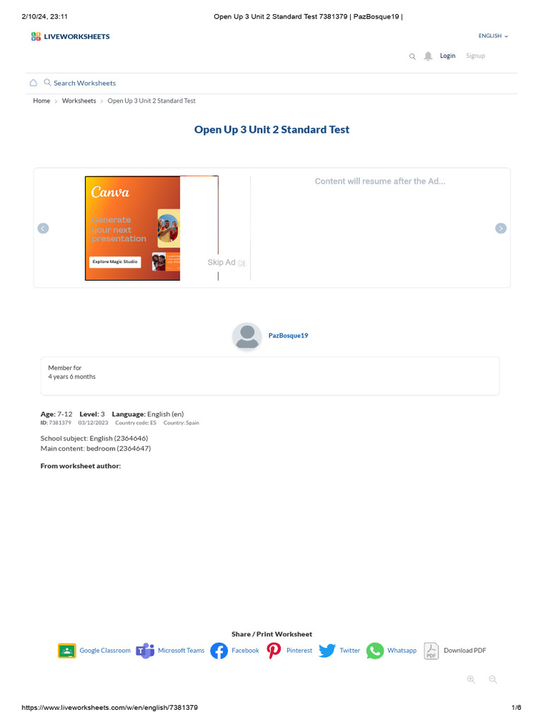 Open Up 3 Unit 2 English Test | PDF