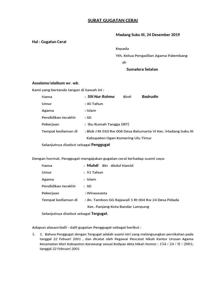 Surat Gugatan Cerai | PDF