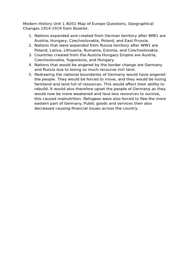 Modern History Unit 1 AOS1 Map of Europe Questions | PDF