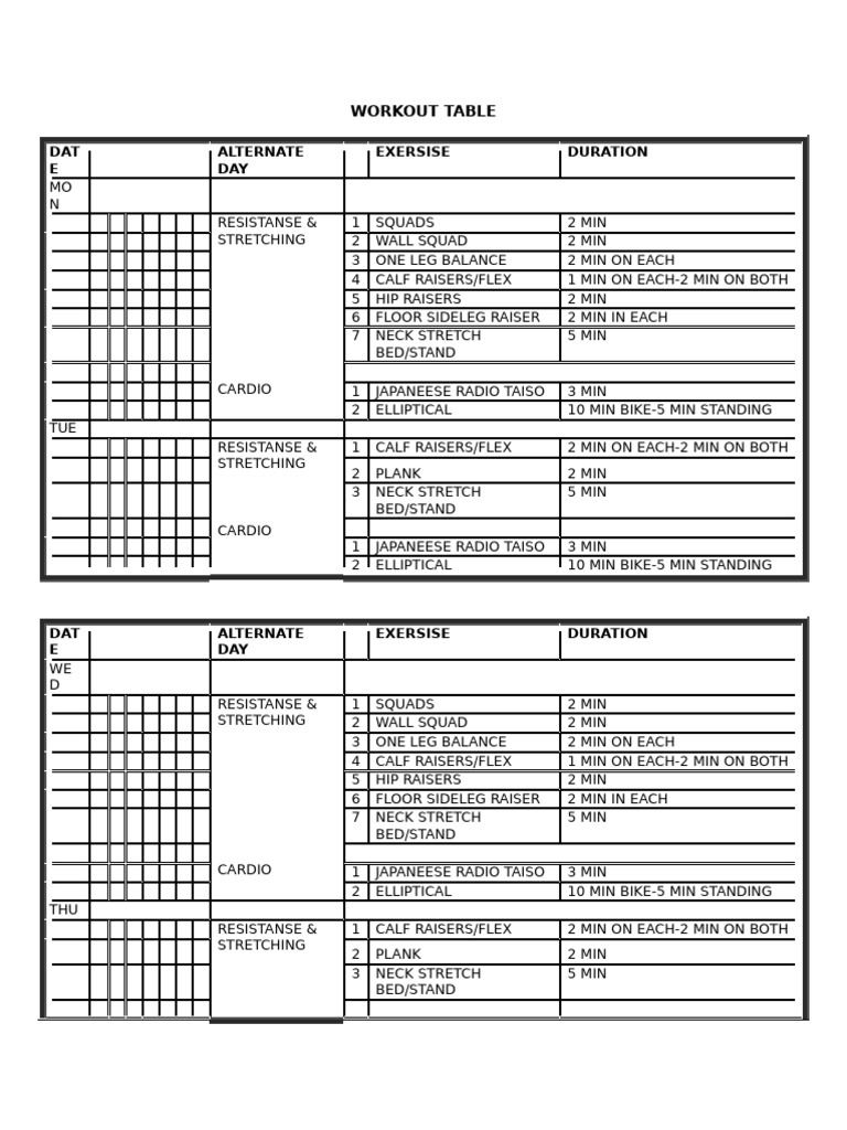 Workout Table | PDF | Physical Fitness | Physical Exercise