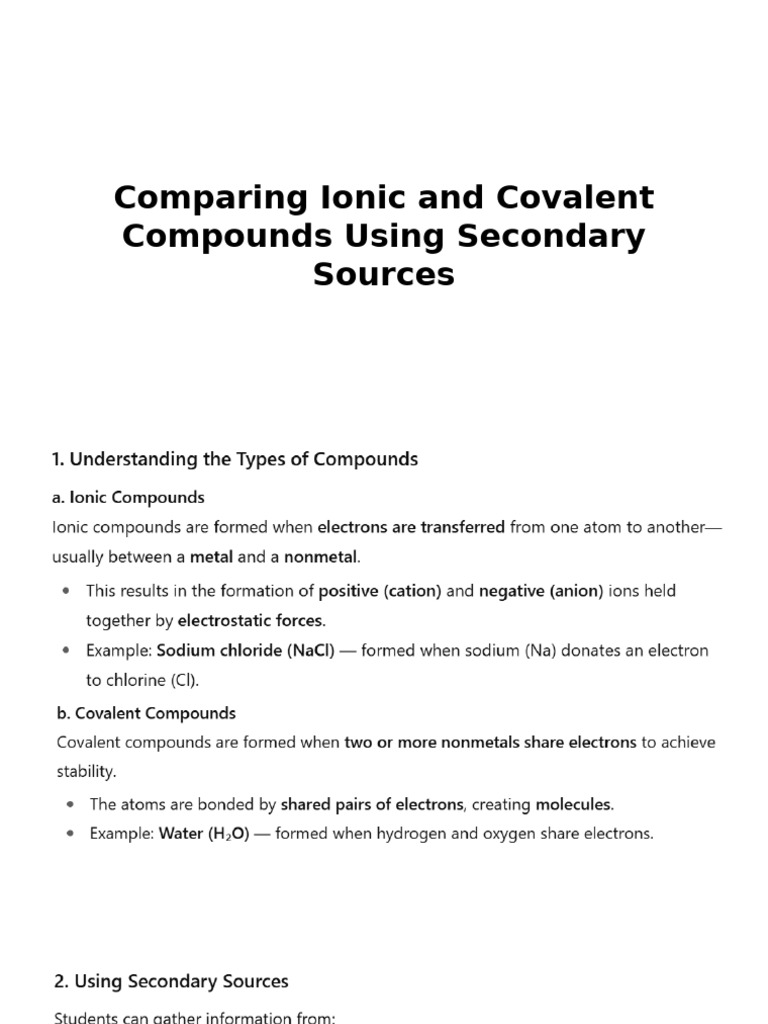 Comparing Ionic And Covalent Compounds Using Secondary Sources Pdf