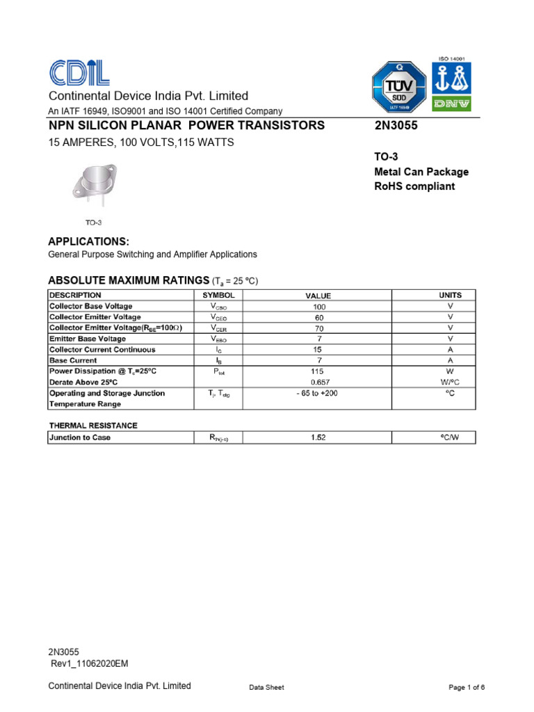 2N3055 Power Transistor Data Sheet | PDF | Transistor | Electronics