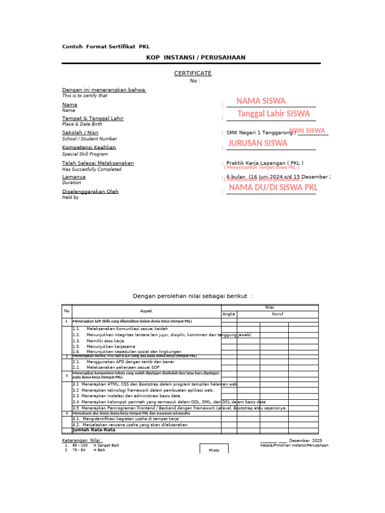 Lembar Penilaian Presentasi PKL 2025 | PDF