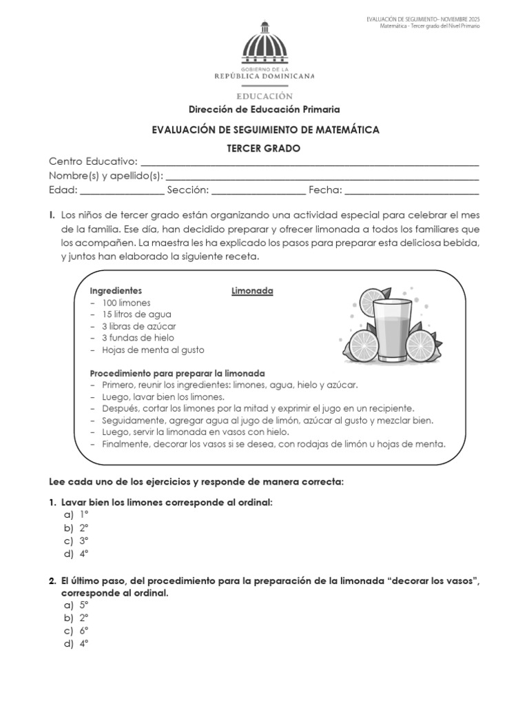 3.ER GRADO - MATEMA üTICA - EVAL-SEG-NOV25 - PRIMER CICLO | PDF | Limonada