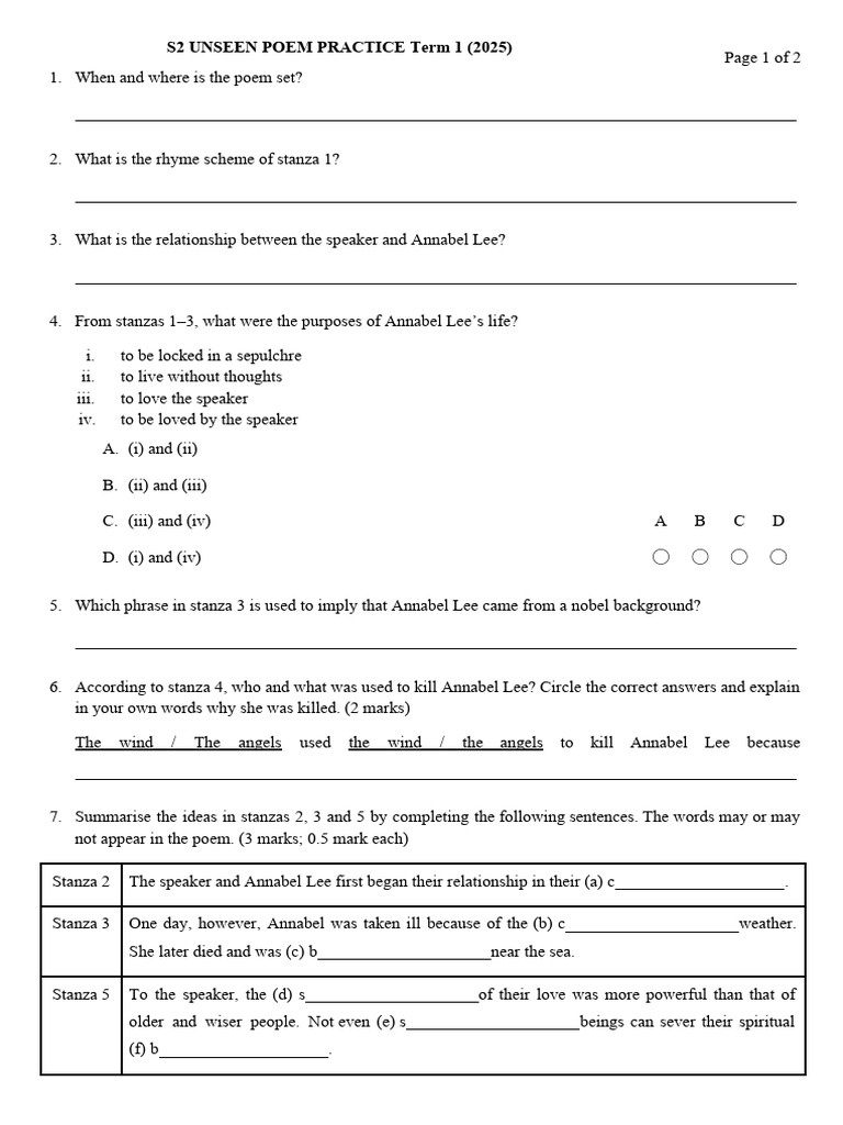 Unseen Poem 2E2 Term 1 Practice (Q) | PDF | Poetry