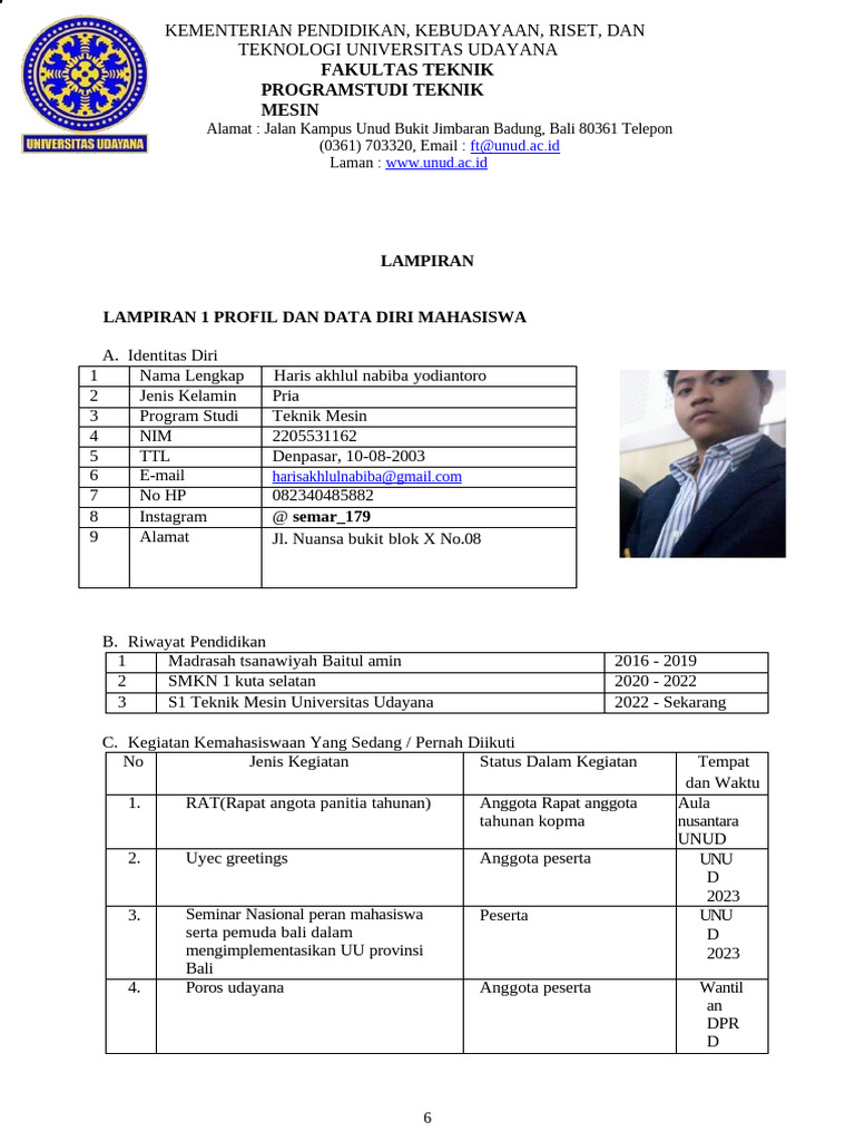 LAMPIRAN 1 PROFIL DAN DATA DIRI MAHASISWA Haris Akhlul Nabiba_PT.pln ...