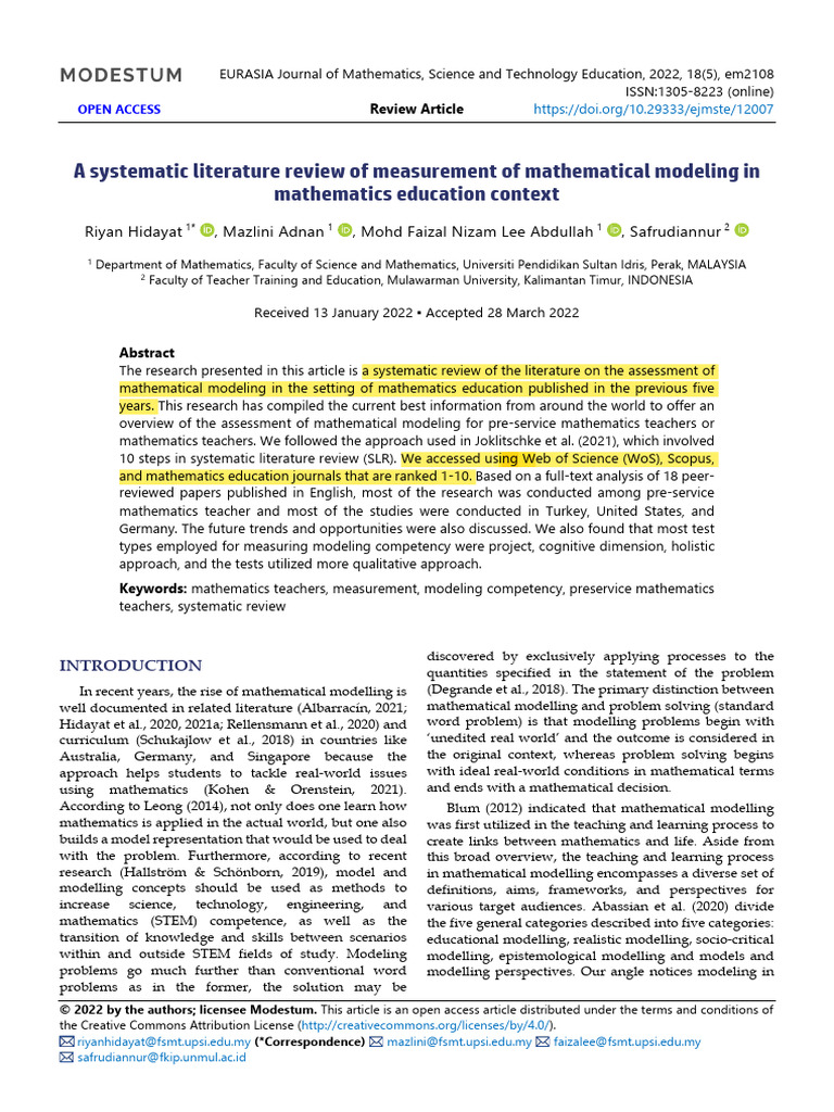 A Systematic Literature Review of Measurement of Mathematical Modeling ...