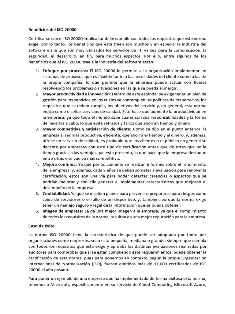 Beneficios de la Certificación ISO 20000 | PDF | Calidad (comercial ...