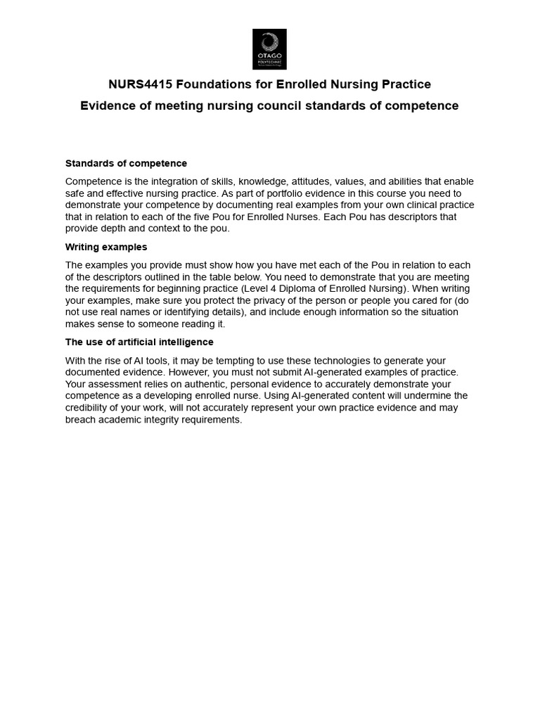 Submission 1 - NURS4415 Evidence of Meeting Nursing Council Standards ...