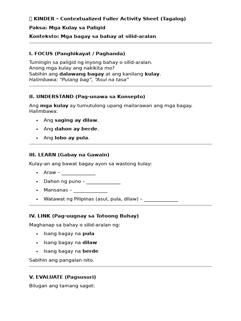 Sample Activity Sheets Tagalog Kinder - Grade 1 | PDF