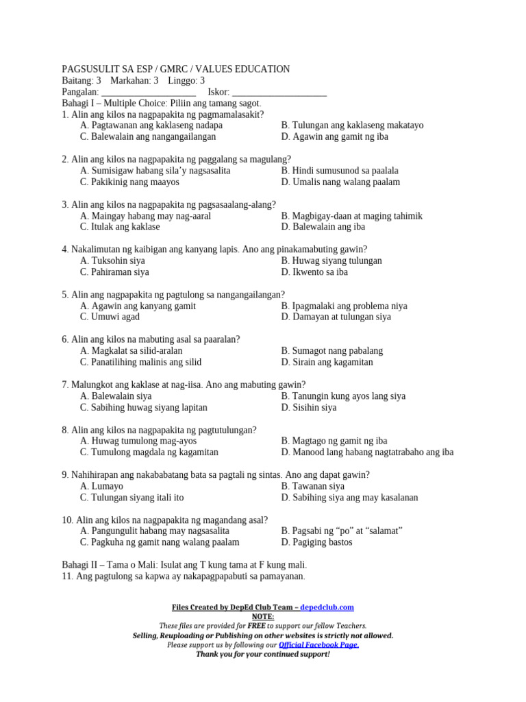 Summ - Test Esp-Gmrc 3 q3 w3 - Formatted | PDF