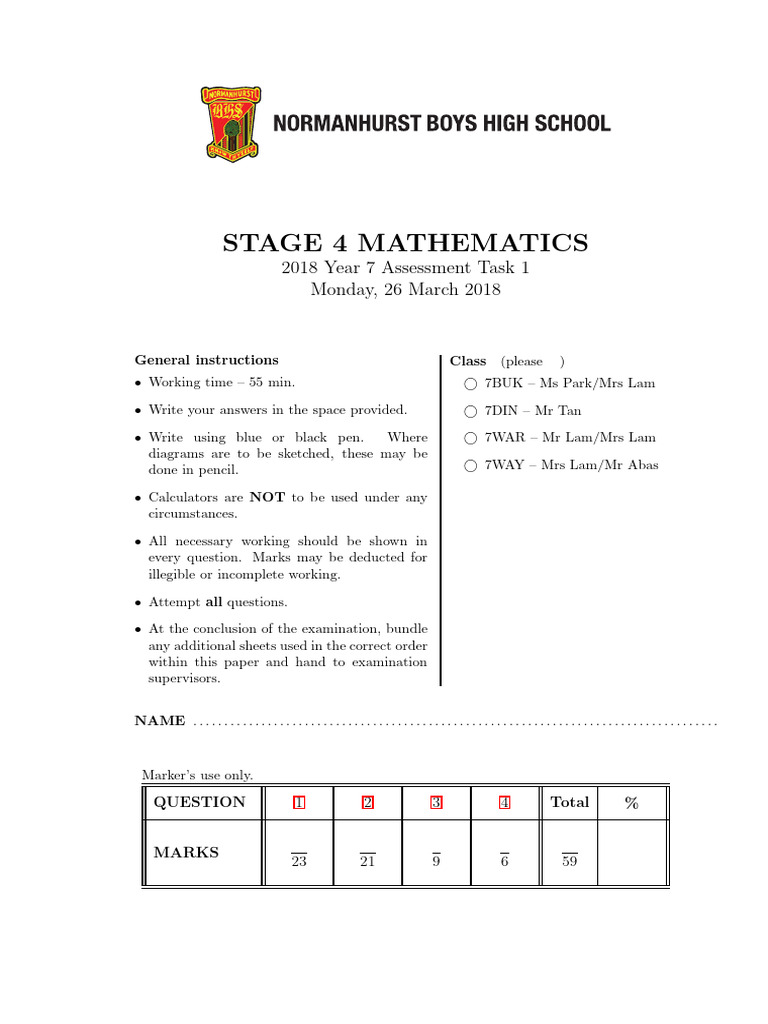 Y7 Normanhurst T1 2018 Q | PDF | Arithmetic | Mathematics
