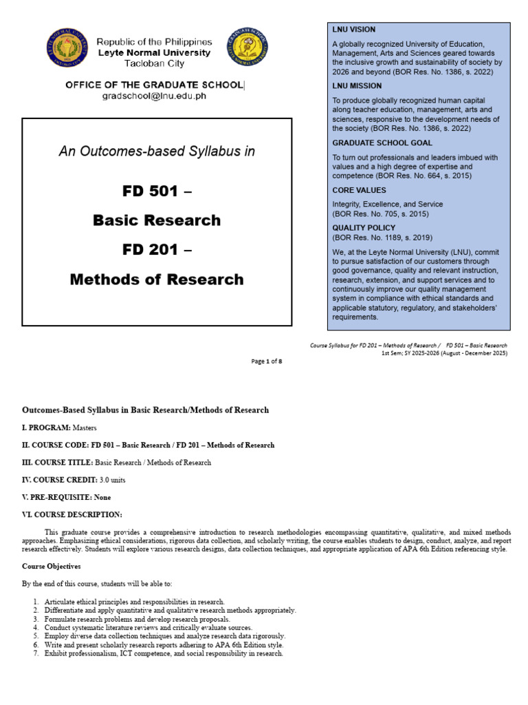 Research Methods Syllabus for FD 201/501 | PDF | Apa Style ...
