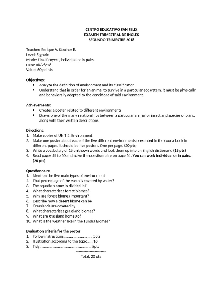 Exam 5 Grade 2 Trimester | PDF